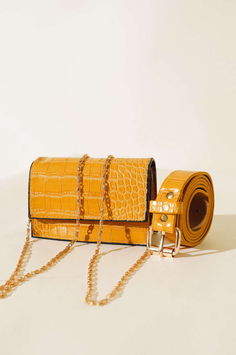 Dikdörtgen Kroko Mini Bel Çantası Hardal