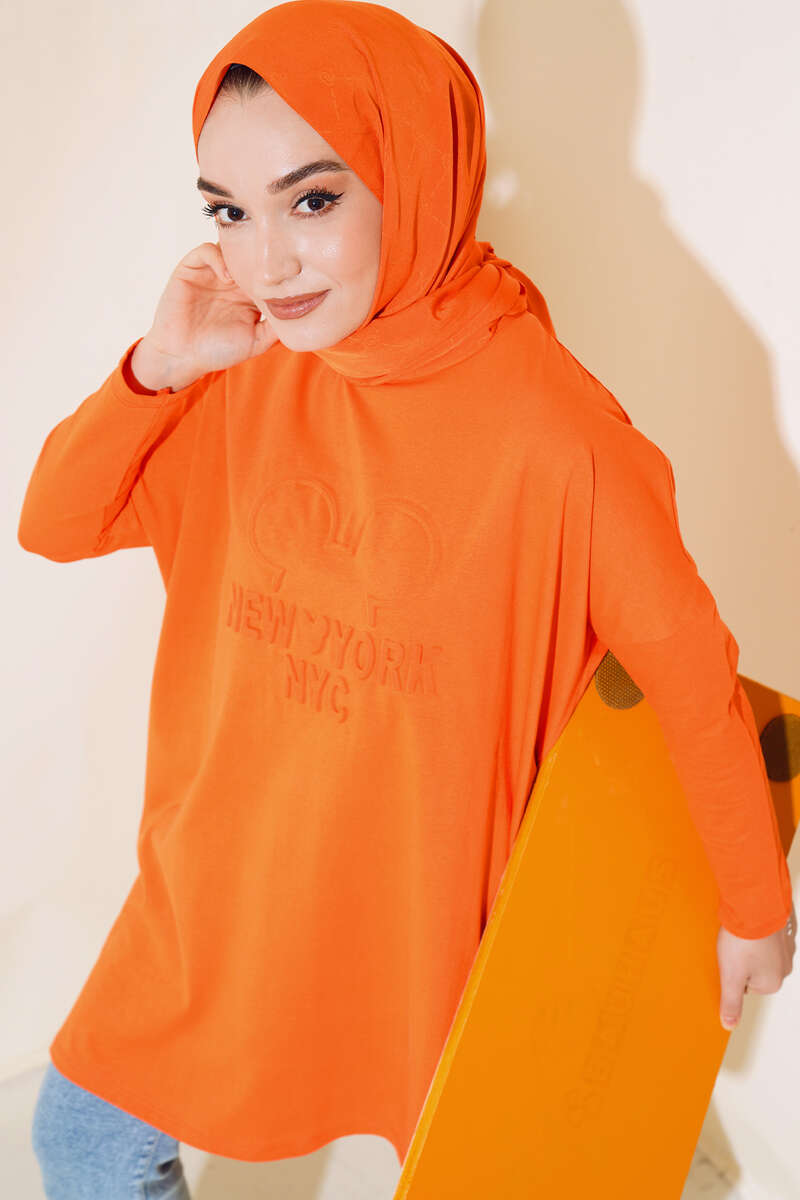 New York Kabartma Desenli Tunik Oranj